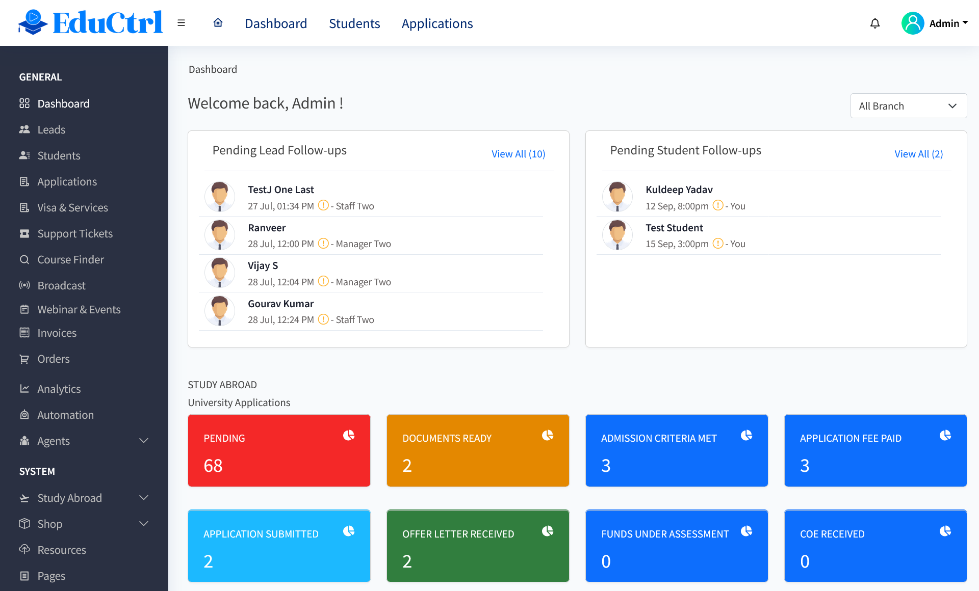 EduCtrl Consultancy CRM: Administration Features