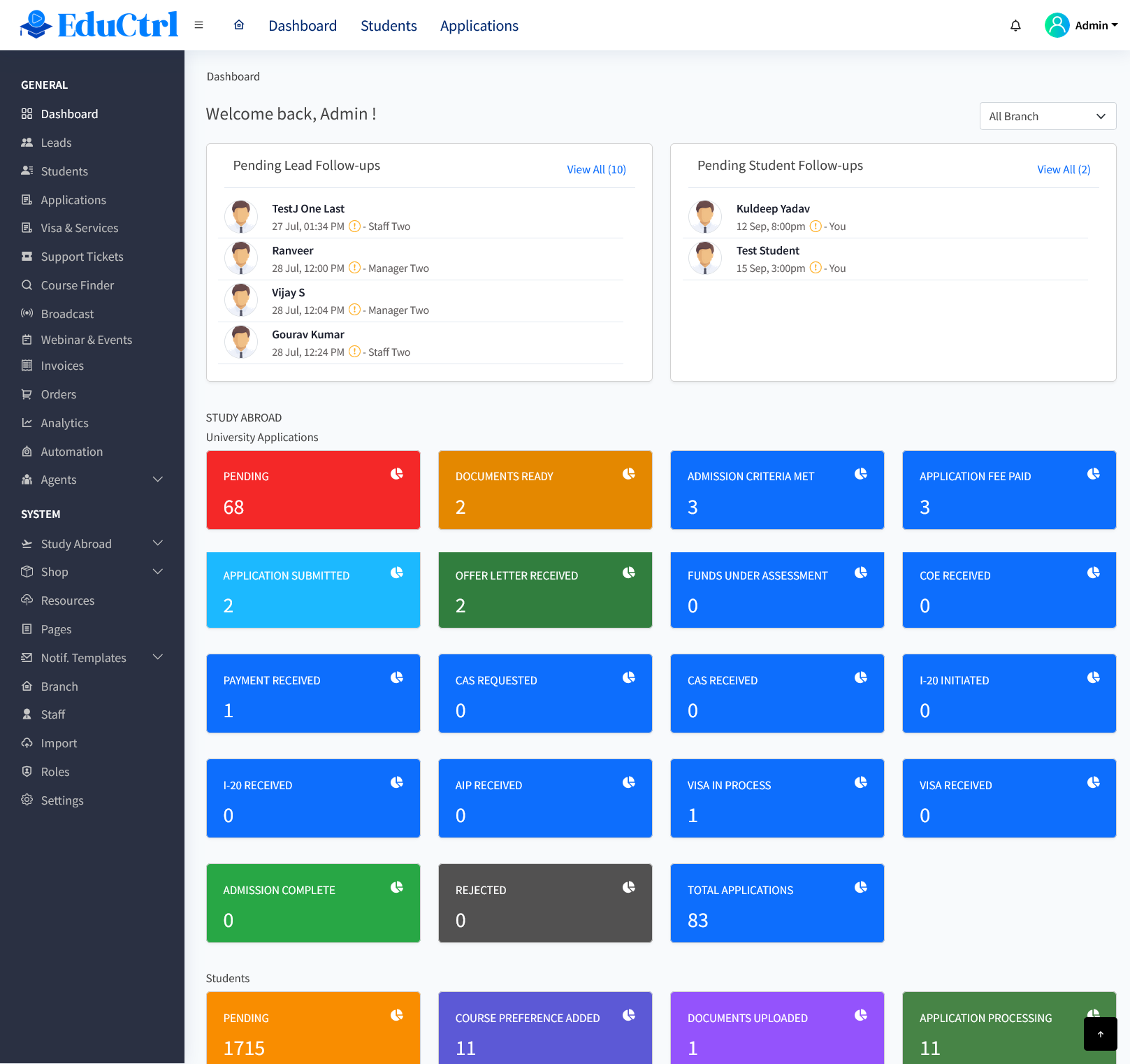 EduCtrl Consultancy CRM: Administration Features